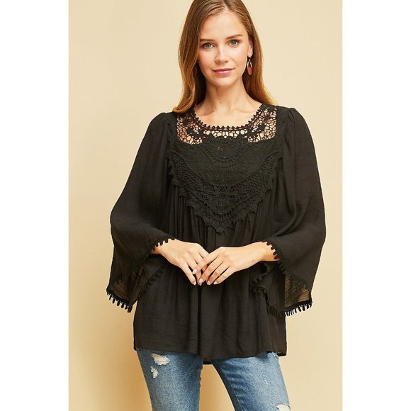 entro | Tops | Entro Crochet Lace Flare Sleeve Top Black | Poshmark